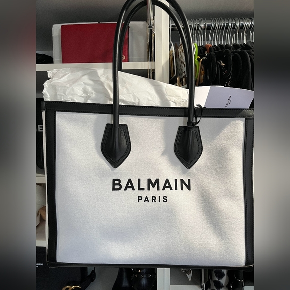 Balmain | Bags | Balmain Barmy Leather Trimmed Canvas Tote White And ...